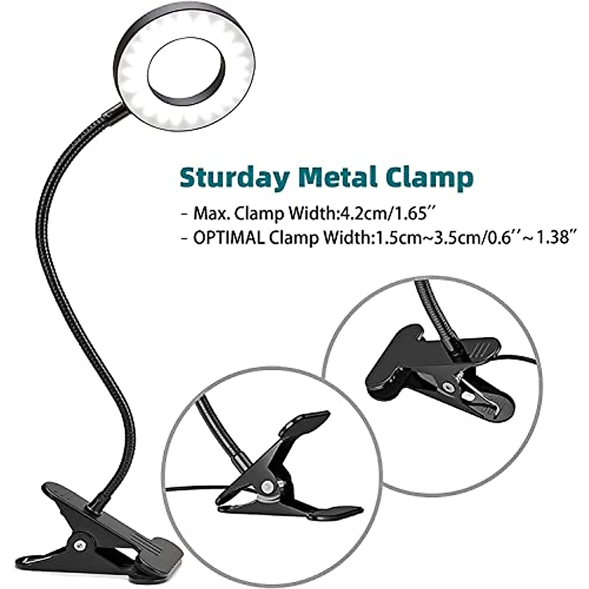 Foneso Desk Lamp Clip on Light, 48 LED USB Lamp with 3 Color Modes 10 Brightness Levels, 360° Flexible Gooseneck Eye Protection Bed Night Light for Reading, Makeup, Fill Light (Black)