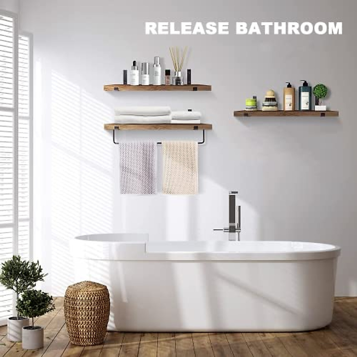 iPeTata Floating Shelves, Wall Mounted Rustic Wood Wall Storage Shelves for Bathroom, Bedroom, Kitchen, Living Room, Office and Coffee Bar Wine Bar, with Towel Bar and 5 Hooks, Set of 3 (Brown)