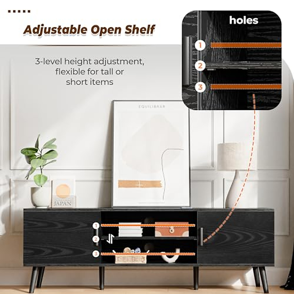 SUPERJARE TV Stand for 55 Inch TV, Entertainment Center with Adjustable Shelf, 2 Cabinets, TV Console Table, Media Console, Solid Wood Feet, Cord Holes, for Living Room, Bedroom, Black