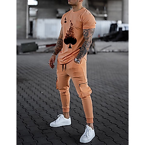 IWQBQ Men's Tracksuits T-shirt and Pants Set Outfit Two-piece Fitness Training Casual Sports Suits(L,Orange)