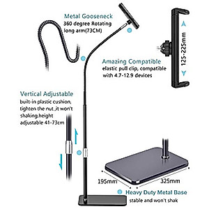 iHOMX Gooseneck Tablet Floor Stand, 360 Degree Rotating Long Arm & Vertical Adjustable Tablet Stand Holder for 4"-12.9" Device, Cell Phone,iPad,Nintendo,eBook Reader (Vertical-Black)