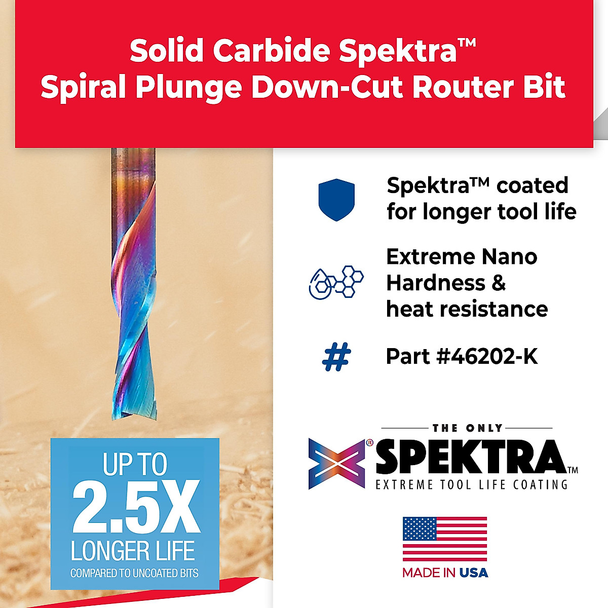 Amana Tool 46202-K Solid Carbide Spiral Plunge Router Bit Down Cut 1/4 Dia x 3/4 x 1/4 Inch Shank, Spektra Extreme Tool Life Coated