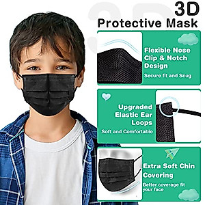 XDX Kids Mask Individually Wrapped, Kids Black Disposable Face Mask for Boys and Girls, 3 Ply - 5.7" x 3.7" Children's Size – for Childcare, School, Daily Use (50 PCS)