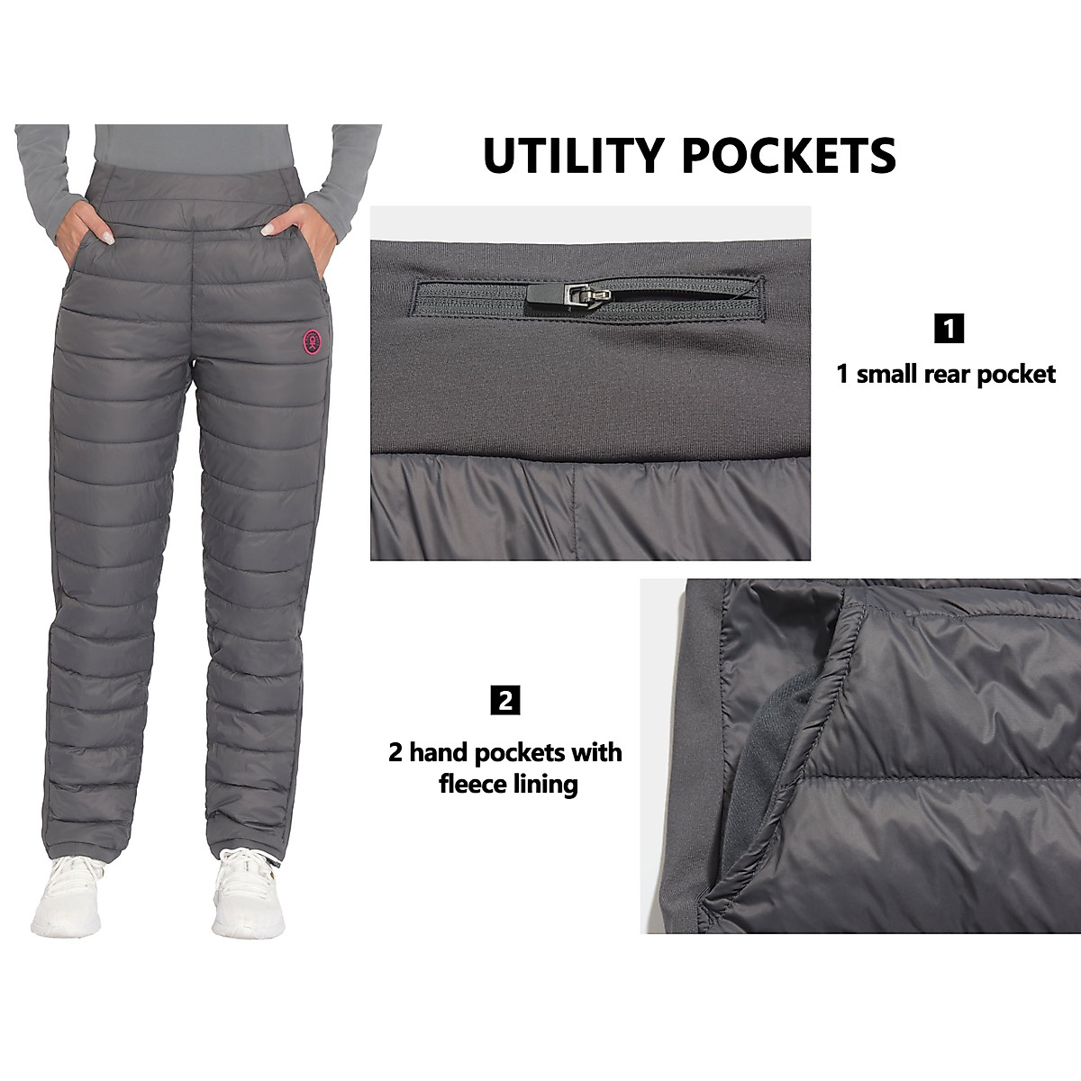Little Donkey Andy Women's Down Pants Lightweight Insulated Puffy Sweat Pants High Waist Warm Puffer Quilted Trousers for Women Snow Winter Outdoor Camping Running Golf Jogging Hiking, Grey, X-Large
