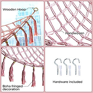 Pink Hammock with Wooden Beads and Fringe Toy Storage, Boho Room Decor, Bedroom Decor, Plush Toy Storage for Kids, Girls Bedroom Storage