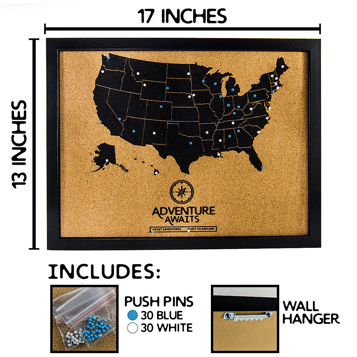 Art of Wanderlust Pushpin Bulletin Cork Board USA Wall Map and Pins | US Travel Tracker Map for Past and Future Bucket List Destinations | United States | 17 x 13 Inches | Black Frame