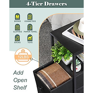 MOOACE Narrow Dresser Storage Tower, Slim Drawers Cabinet, Chest of 4 Fabric Drawers with Wood Shelf, Storage Dresser for Bedroom, Bathroom, Small Space, Closet, Laundry, Black