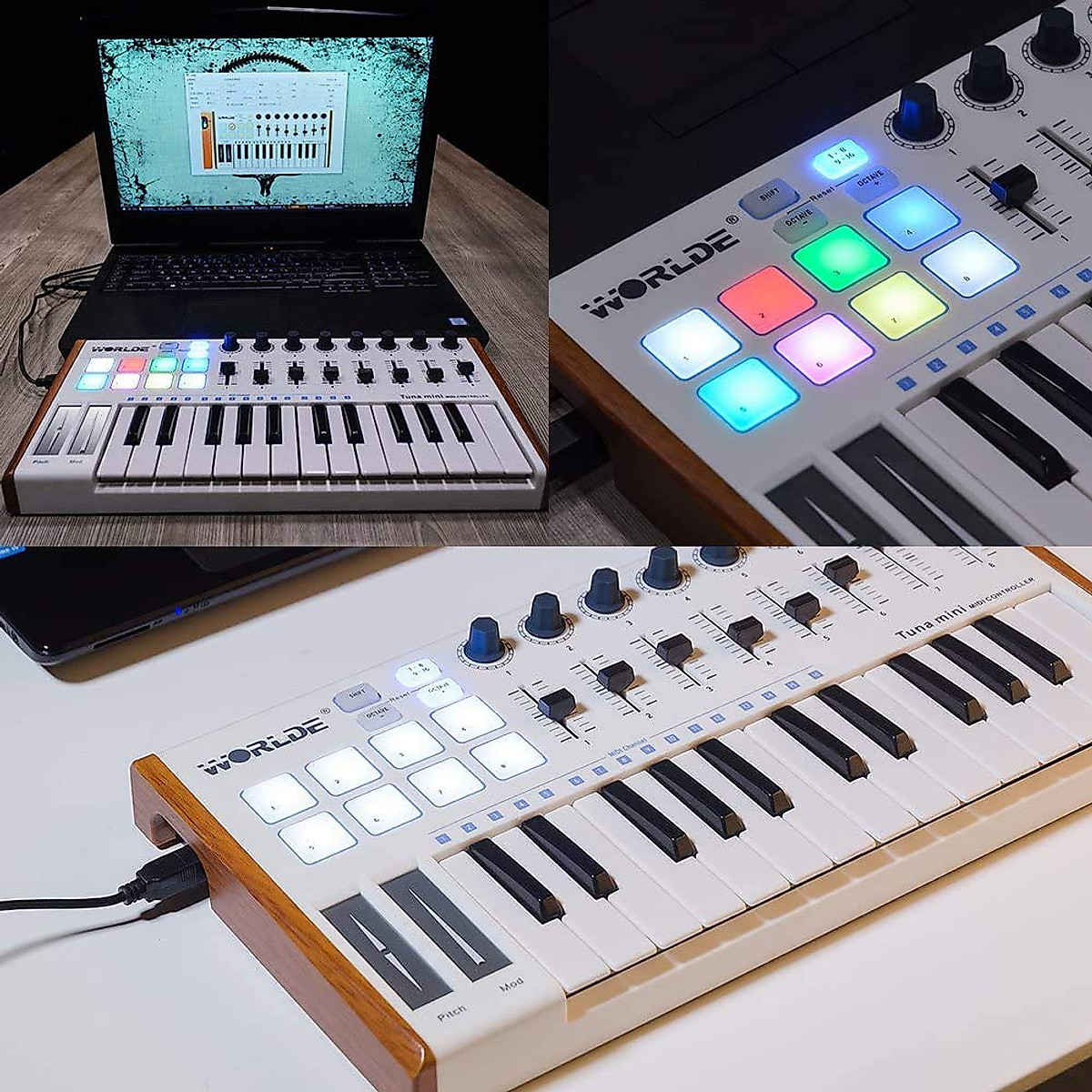 HX Worlde 25 Key USB Portable Tuna Mini MIDI Keyboard MIDI Controller with 8 Knobs, 8 Drum Pads, 8 Faders, Wood Imitation Rim, Pedal Interface, for Mac and PC