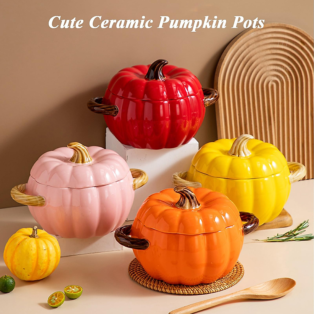 FTNESGYM Pumpkin Soup Bowl, 64oz Ceramic Pumpkin Pot Microwave & Dishwasher Safe Pumpkin Casserole Dish with Lid, Dutch Oven Pot Stockpot Cookware for Home Thanksgiving Halloween Party (Orange)