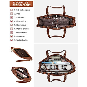 LOVEVOOK Laptop Bag for Women, 15.6 Inch Large Waterproof PU Leather Computer Tote Bag for Work Business Office Travel with USB Charging Port, Fashion Waterproof Shoulder Bag Handbag Purse, Brown