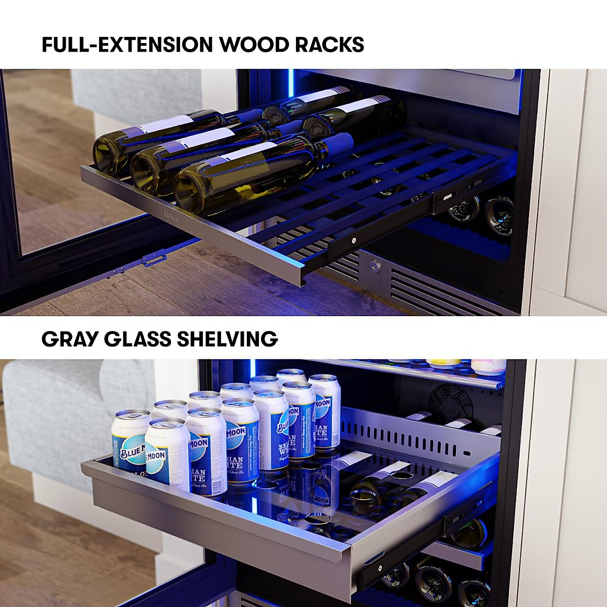 Zephyr 24 Inch Wine Fridge & Beverage Refrigerator Single Zone Full Size - Tall Wine Cooler Cellars Large Bar Drink Cabinet Freestanding with Glass Door - 266x12oz cans & 14x750 ml bottles