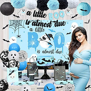 JOYMEMO Halloween Baby Shower Decorations Boy - A Little Boo is Almost Due Backdrop with Banner Blue and Black, Paper Lanterns Pom Poms, Bat Wall Stickers for Pregnancy Celebration Newborn Party