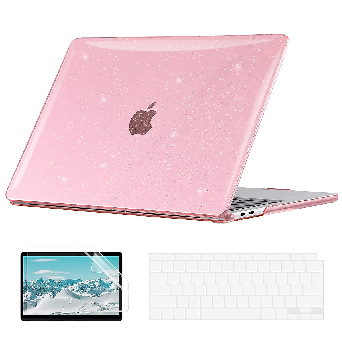 EooCoo Glitter Hard Case Compatible with MacBook Air 13 inch Case 2022 2021-2018 M1 A2337 A2179 A1932 with Retina Display, Plastic Hard Shell + TPU Keyboard Cover + Screen Protector, Sparkly Pink