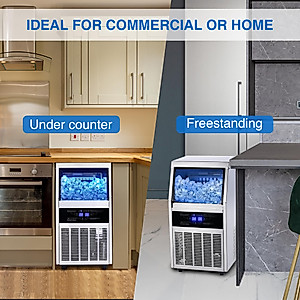 Commercial Ice Maker Machine, 90LBS/24H Ice Maker, Stainless Steel Freestanding/Under Counter Ice Machine with 25LBS Bin, 45 Ice Cubes, Self-Cleaning, Scoop, Ideal for Home Bar Offices