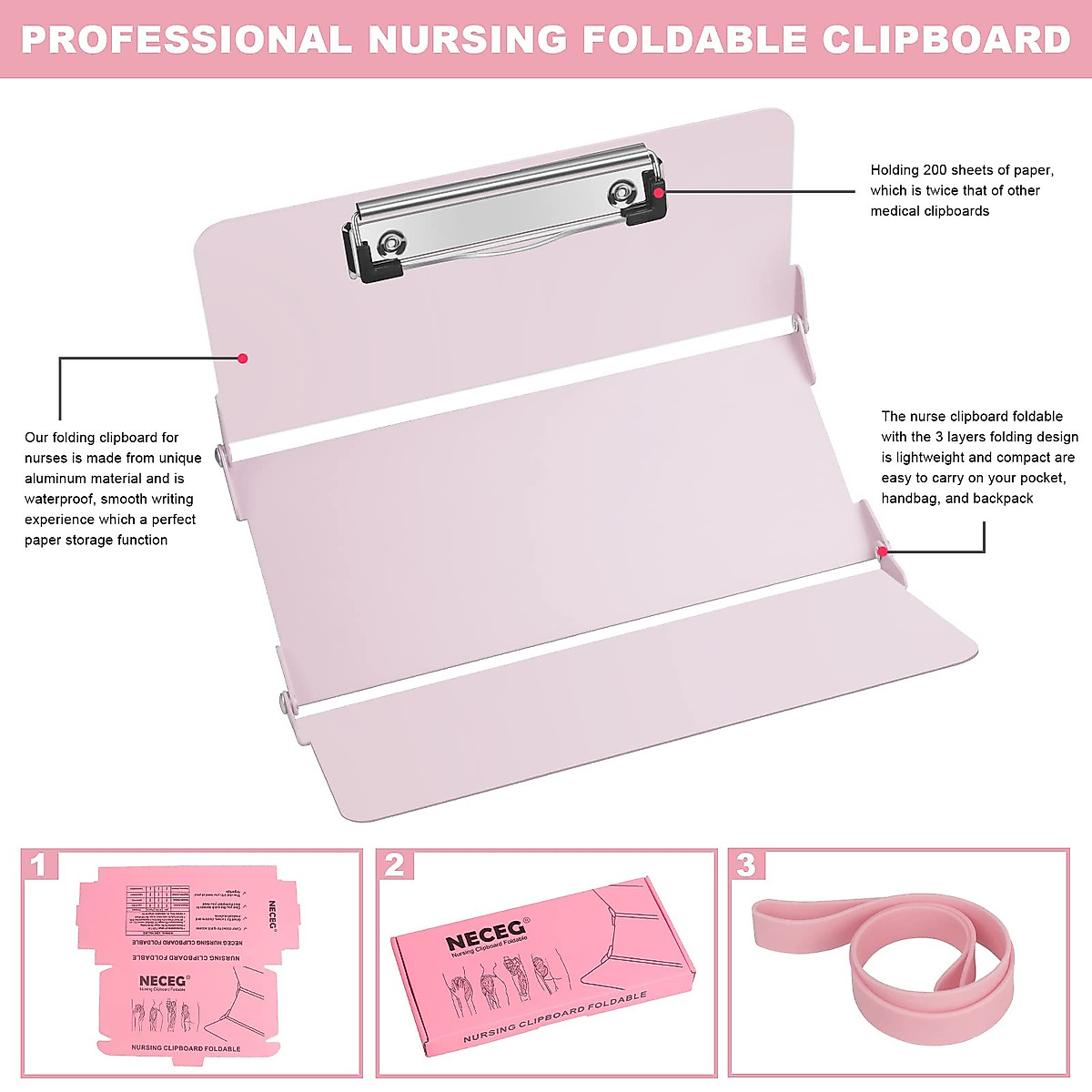 Nursing Clipboard, Nursing Clipboard Foldable with Nursing and Medical Edition Cheat Sheets 3 Layers Aluminum Foldable Clipboard Nursing Notepad for Students, Nurses, Doctors, Nursing Edition (Pink)