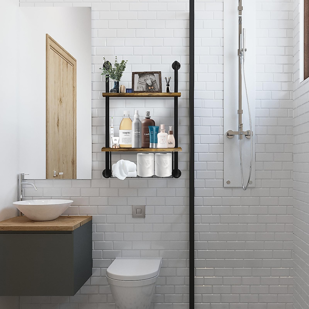 GILPWA 2-Tier Bathroom Shelves Wall Mounted, Floating Shelving Retro Pipe Shelf with Basket, Easy Assemble Industrial Pipe Shelving, Anti-Rust Wall Shelves for Living Room, Kitchen 31.9 * 16.9 inch