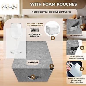 CLH Wine Glass Storage and 12 Foam Pouches, China Storage Containers, Hard Case with Dividers, Moving boxes for Glasses Kitchen storage, Stemware Storage Containers, Stackable