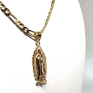 Gold Plated Virgin Mary Pendant Necklace Figaro 26" Virgen de Guadalupe Medalla Oro Laminado
