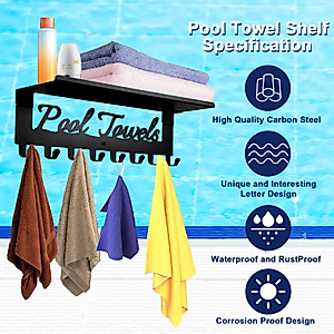 Pool Towel Racks with Shelf 8 Hooks for Pool Bathroom Wall Mount Towel Hooks Towel Holder Carbon Steel Hanger Organizer Pool Accessories Outdoor for Robe,Towel,Coat,Swimsuit,Bag,Keys