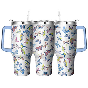 Ksoemar 40 Oz Butterfly Tumbler with Handle and Straw, Double Wall Stainless Steel Cup, Butterfly Tumbler with Lid and Straw, 40 Oz Water Bottle and Mugs for Women Gifts