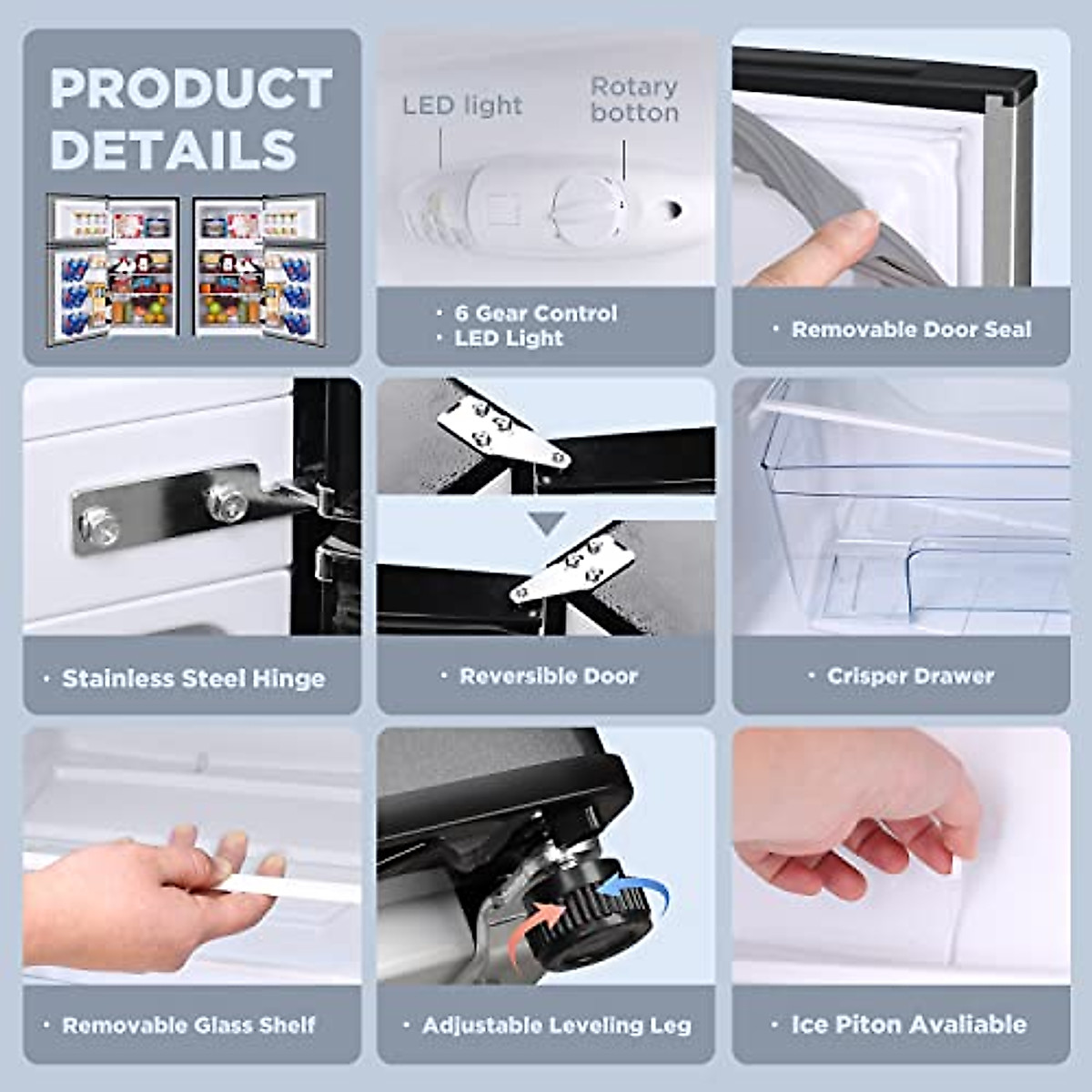 Frestec Mini Fridge with Frezzer,3.2 Cu.Ft Mini Fridge for Bedroom,Small Refrigerators,2 Door Compact Refrigerator 37dB Quiet,7-Settings Mechanical Thermostat,LED Lights for Dorm, Office, Apartment (Sliver)