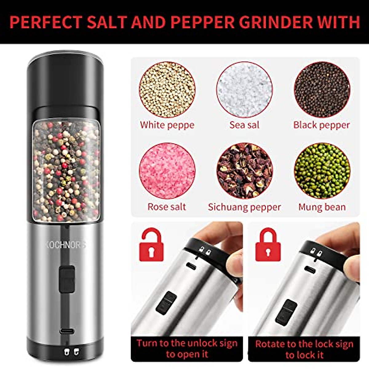Kochnors USB Rechargeable Pepper Grinder, Gravity Electric Pepper Grinder with 6 Level Adjustable Coarseness, One Handed Operated Salt and Pepper Grinder for Kitchen, Restaurant and BBQ