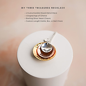My Three Treasures Personalized Charm Necklace with 925 silver, Gold and Rose Gold Plated discs. Customized with any Words or Names of your choice. Gifts for Her, Mother, Grandmother, Wife