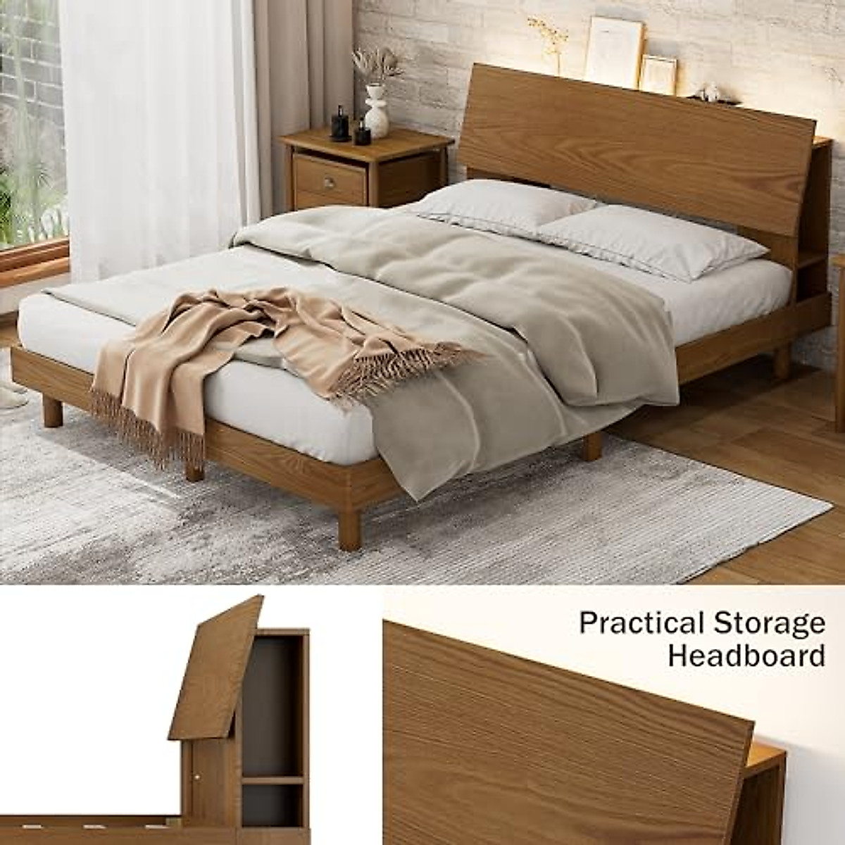 Livavege Queen Bed Frame with LED Lights Headboard, Mid Century Wood Platform Bed w/Storage Shelf and Charging Station, Wooden Slats Support, Queen Size Bedframe No Box Spring Needed, Easy Assembly