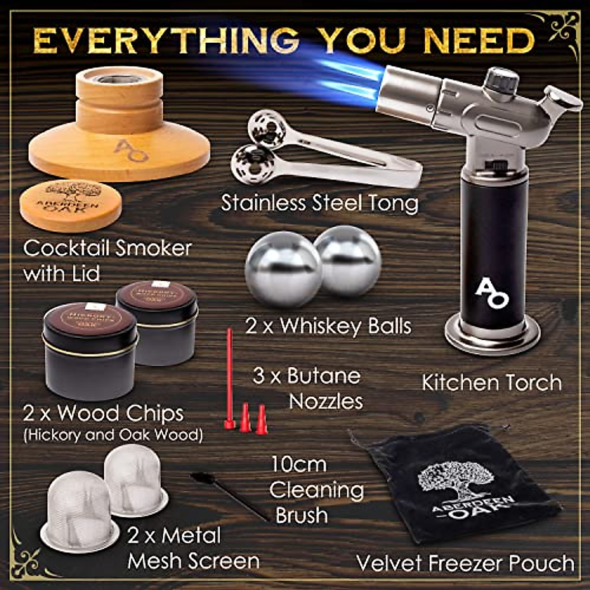 Aberdeen Oak Deluxe Cocktail Smoker Kit - Whiskey Infuser Set with Torch, Hickory & Oak Chips, Whisky Balls - Smoky Flavor Enhancer for Drinks (Butane Not Included)
