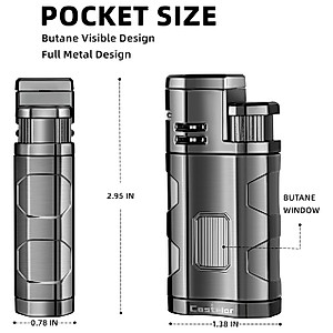 Castelar Cigar Torch Lighter Triple Jet Flame Butane Refillable with Cigar Punch Rest Holder - Butane Not Included