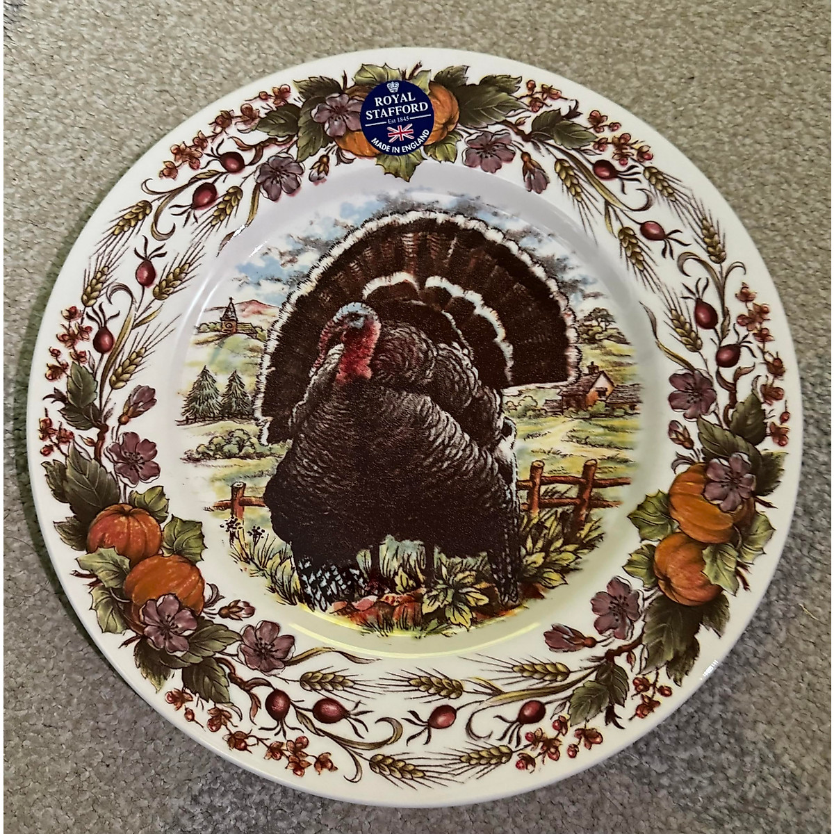 Royal Stafford Thanksgiving Turkey Dinner Plates, Set of 4, Floral border, Made in England