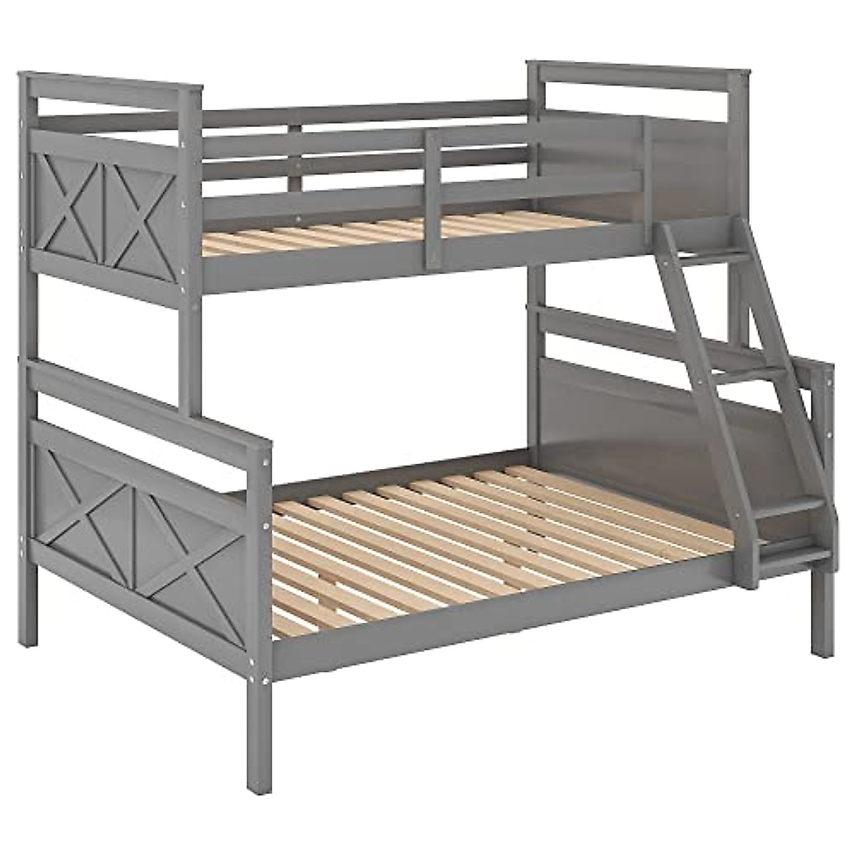 Ochangqi Twin Over Full Bunk Bed Frame with Ladder, Solid Wood Bunk Beds Loft Bed Frame Twin Over Full Size with Guardrail, Can Be Separated Into Twin/Full Size Bed, No Box Spring Needed (Gray)