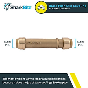 SharkBite 1/2 Inch Slip Coupling, Push to Connect Brass Plumbing Fitting, PEX Pipe, Copper, CPVC, PE-RT, HDPE, U3008LFA