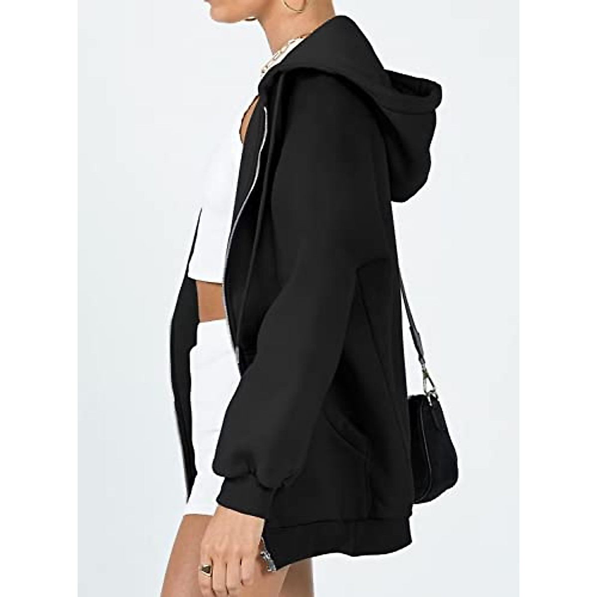 Ezbelle Women's Zip Up Hooded Oversized Sweatshirts Full Zipper Lightweight Hoodie Long Sleeve Cardigantops Y2k Fall Winter Clothes Black L