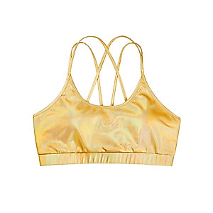 Freebily Women's Shiny Metallic Crop Top for Raves Dance Music Festivals Sports Bra Crisscross Back Workout Yoga Bra Gold Medium