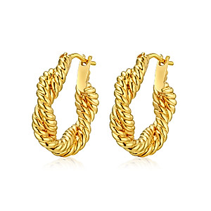 18K Yellow Gold Plated Double Twisted Rope Round Hoop Earrings, Hypoallergenic Lightweight Huggie Earrings for Women and Girls (Yellow Hoop Earrings)