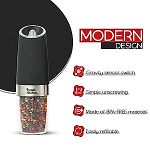 The Koala Kitchen Co. Gravity Electric Salt and Pepper Grinder Set - Stainless Steel Salt and Pepper Shakers Adjustable Coarseness - Blue Light Battery Operated Salt and Pepper Mills, 2 Pack (Black)