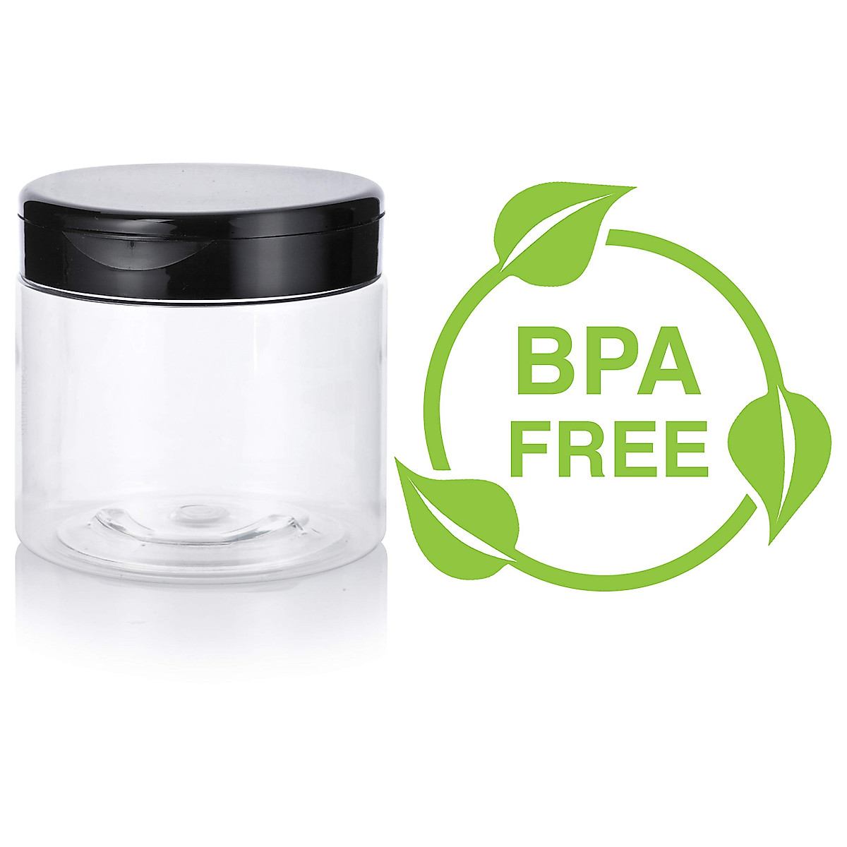 JUVITUS Clear Large 16 oz PET Plastic (BPA Free) Refillable Jar with Black Flip Top Cap - (6 pack)