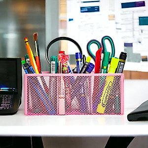 Jolly Desk Duo Pack Mesh Metal Pen Pencil Holder With 3 Rectangular Compartments in Black and Pink Organization for Your Desk Office Classroom Home