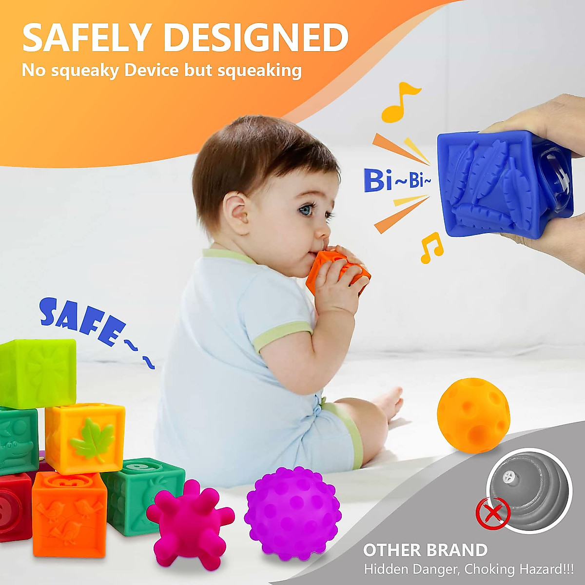 ROHSCE Baby Building Toys & Sensory Toys Set: 9 Building Blocks, 4 Textured Sensory Balls - Soft Colorful Baby Teething & Bath Toys, Stacking Blocks Toys, Educational Toys