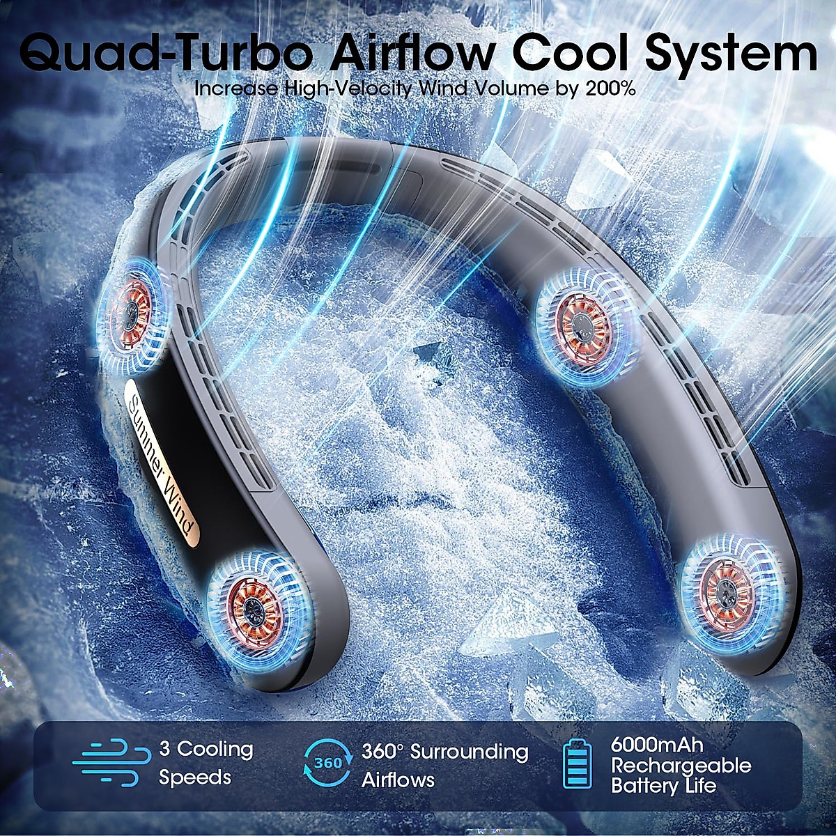 MSEVC Neck Fan 4 Turbo 6000mAh Portable Neck Fan 360°Cooling Airflow Bladeless Neck Fan USB Rechargeable with 3 Speeds Adjustment Wearable Personal Fan for Outdoor Travel Indoor - Black