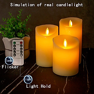 LEDHOLYT Rechargeable Flameless Candle, Flickering LED Pillar Real Wax Candle, Electronic Candle with Remote Control and Timer, USB Rechargeable Candle, Set of 3