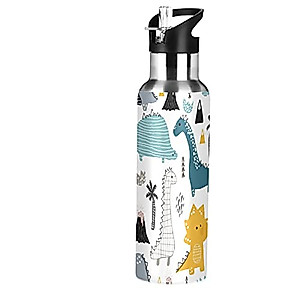 OREZI Dino Scandinavian Style Water Bottle Thermos with Straw Lid for Boys Girls,600 ml,Leakproof Stainless-Steel Sports Bottle for Women Men Teenage