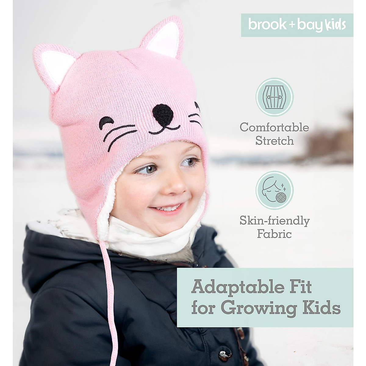 Brook + Bay - Sherpa Baby Animal Hats for Winter, Toddler Animal Ear Hat, Baby Hat Animal Ears, Baby Winter Hat for Boys & Girls - Pink Cat