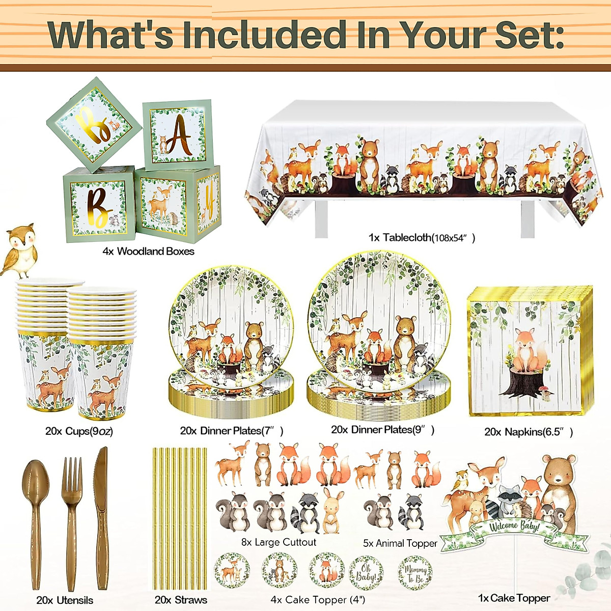 MEGA 257 Pc Woodland Baby Shower Decorations Boy & Girl Kit, Forest Animal Theme, Gender Neutral Baby Shower Decor, BABY boxes, Backdrop, Banner, Balloon Garland, Tablecloth, Plates Cups -20 Guests