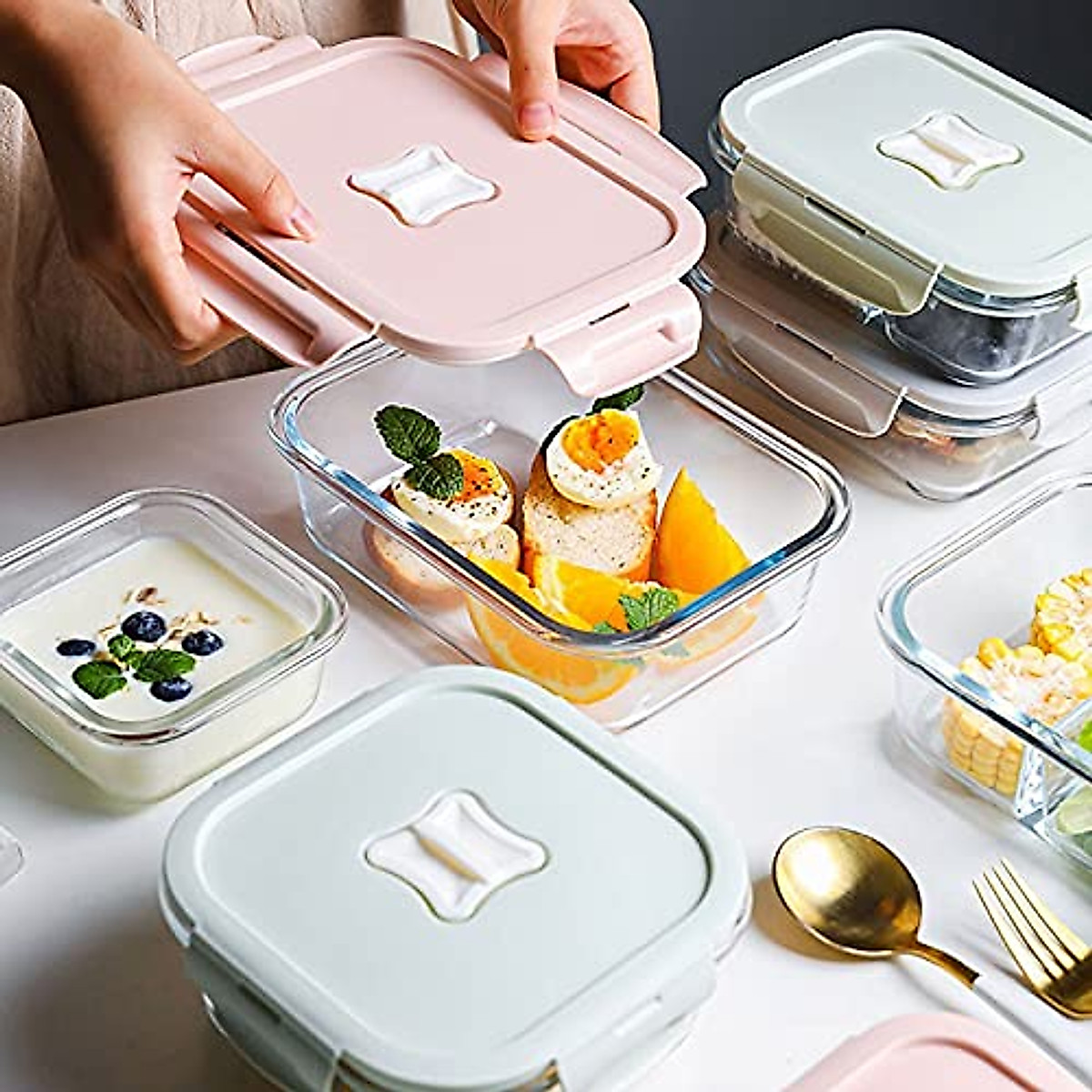 GAGALU Metal Lunch Box Divided Glass Fresh Keeping Box for Family, Two Compartments,with Seal Locking Lids