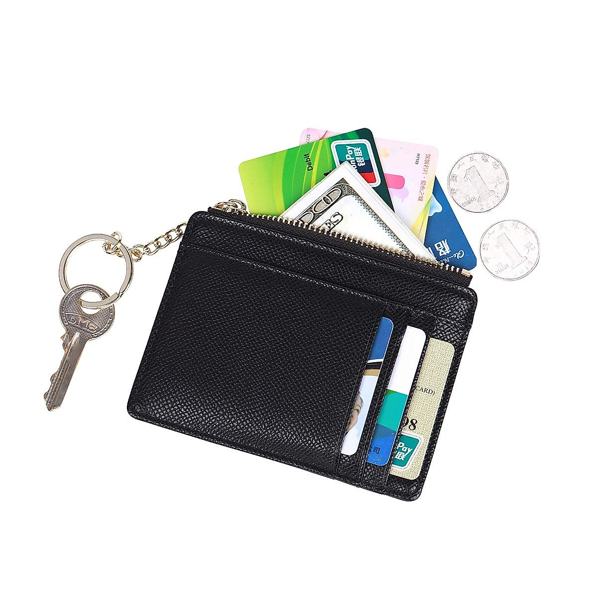 Prometheism Women Slim Leather Card Case Holder Small Wallet Cute Coin Purse Girl Mini Wallet with Keychain (Black)
