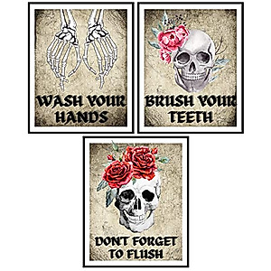 Roxbury Row Goth Bathroom Decor | Skeleton Decor, Skull Decor | Funny Bathroom Signs, Floral Skull Bathroom Decor Sets | Halloween Bathroom Decor Set (Unframed Prints) (Set of 3: Wash/Brush/Flush)