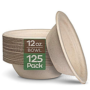 100% Compostable 12 oz. Paper Bowls [125-Pack] Heavy-Duty Quality Natural Disposable Bagasse, Eco-Friendly Biodegradable Made of Sugar Cane Fibers