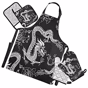 xigua Kitchen Linen Sets Cool Dragon Japanese Style Cooking Apron, 2 Potholders, 2 Oven Mitts, Kitchen Accessories for Cook Men Women Chef Decor